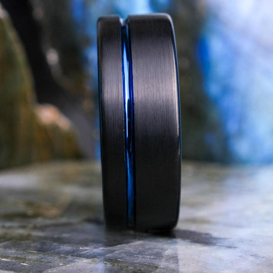 Black Brushed Tungsten Wedding Band – Blue Stripe & Interior, 8mm Men’s ...