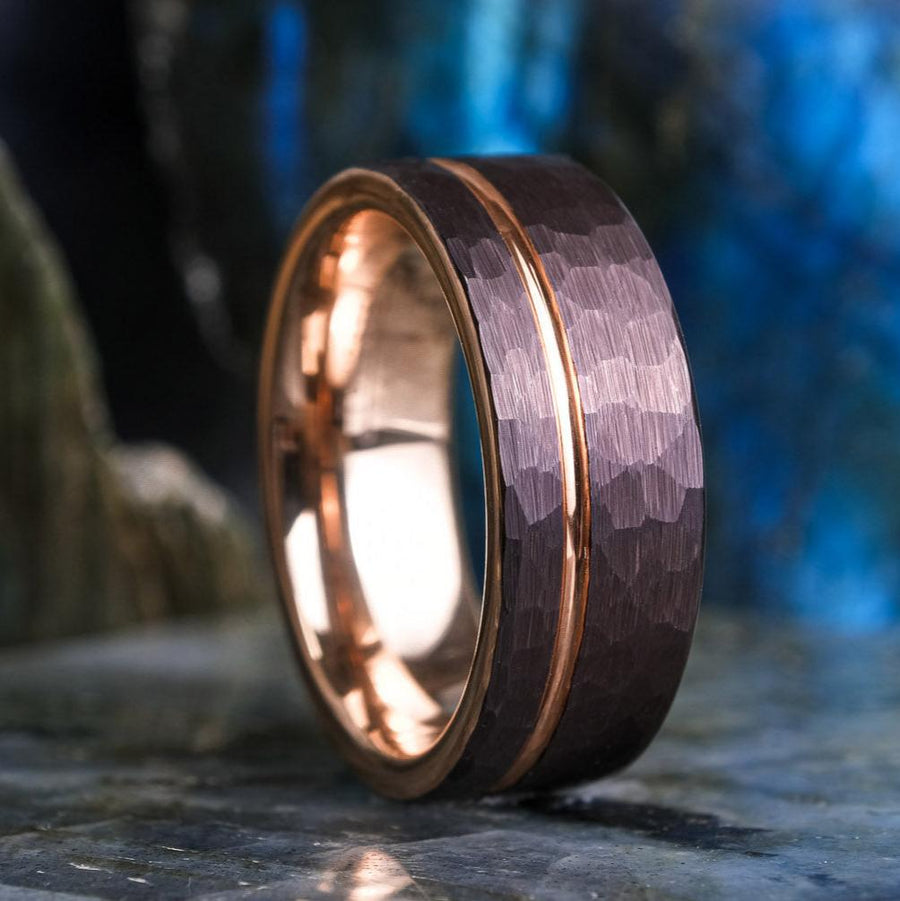 8mm Mocha Hammered Tungsten Ring with Rose Gold Stripe Interior - The ...